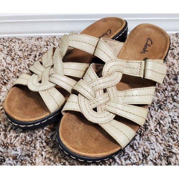 Clarks | Shoes | Clarks Cream Leather Upper Slip On Hook Loop Slide ...